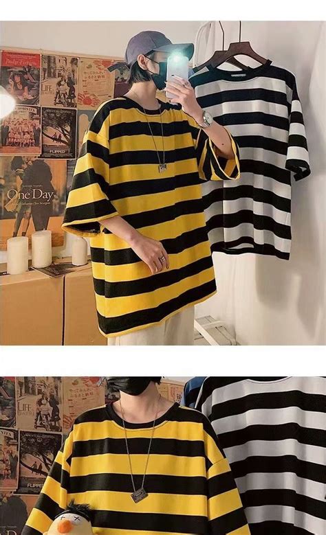 Футболка Мужской черный желтый Короткий размер 52 Полиэстер Хлопок Полоска прямой