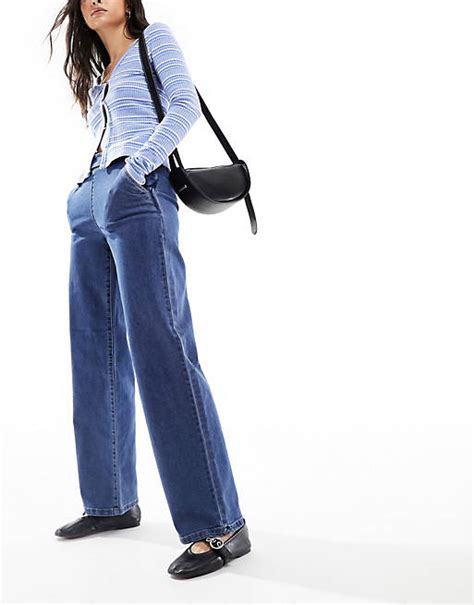 Jdy High Waisted Wide Leg Jean In Mid Wash Blue Asos