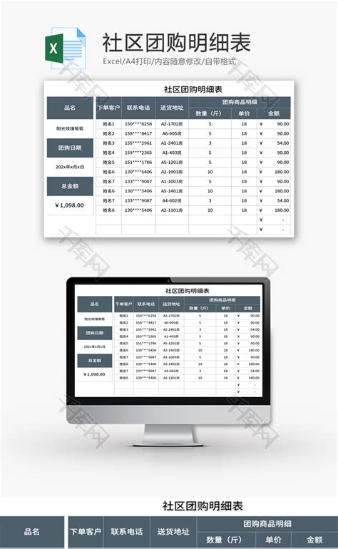 社区团购明细表excel模板千库网excelid：173014