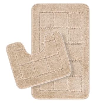 2 Tapis de Salle de Bain Lavables Antidérapants Beige 80x50 40x40 Poppy