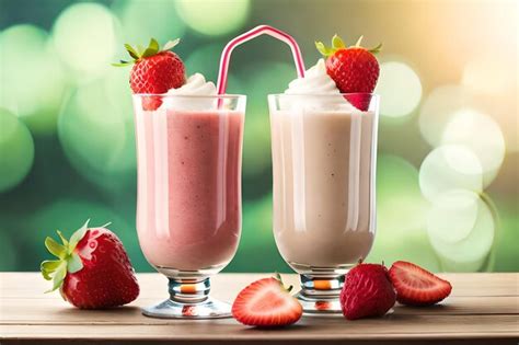 Premium Photo Two Glasses Of Strawberry Milkshake With Strawberries