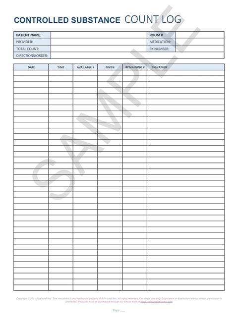 Controlled Substance Count Log Printable Medication Tracking Form For