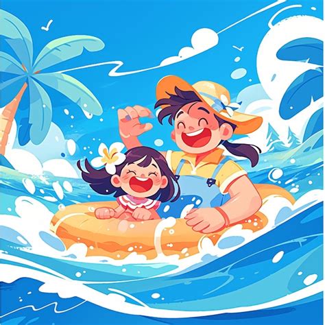 Pai E Filha A Brincar Na Praia Vetor Premium