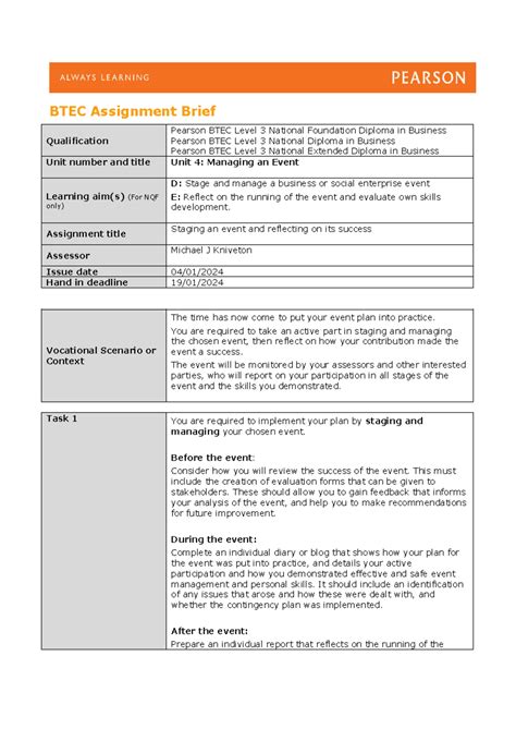 Unit 4 A3 Assignment Brief Learning Outcome D E Btec Assignment Brief Qualification Pearson