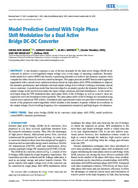 Pdf Model Predictive Control With Triple Phase Shift Modulation For A Dual Active Bridge Dc Dc