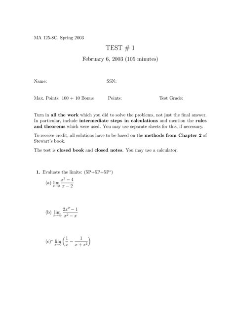 Evaluate Limits Calculus I Exam Docsity
