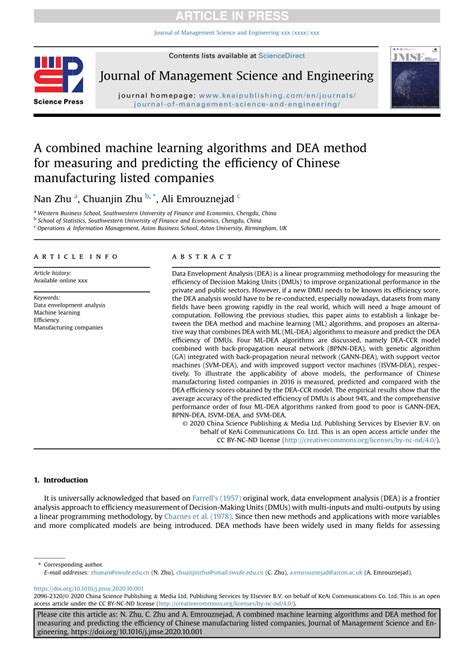 Pdf A Combined Machine Learning Algorithms And Dea Method For