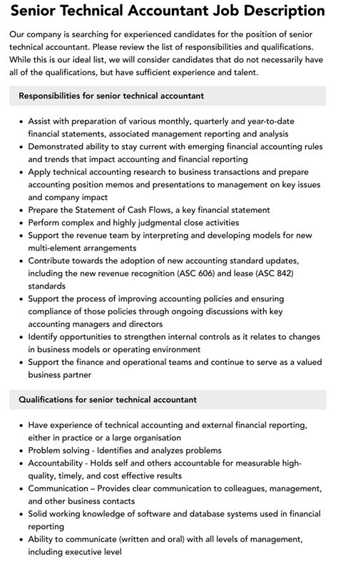 Senior Technical Accountant Job Description Velvet Jobs