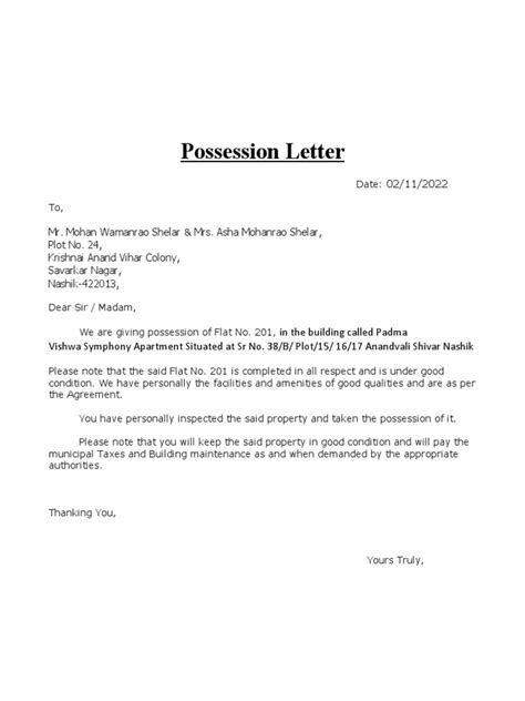 Possession Letter Pdf