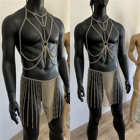 Gold Chain Dress Men Festival Costume Halloween Cuban Body Chain Set