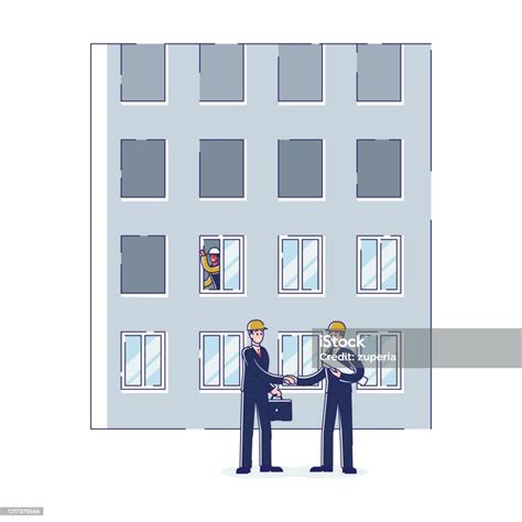 住宅公寓建設的概念工頭和建築師與藍圖已經做了交易 並握手在建築的房子背景卡通線性輪廓向量插圖向量圖形及更多不動產圖片 不動產 人 公寓