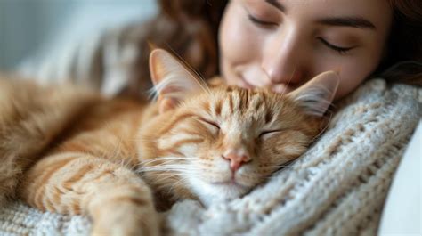 Premium Photo Woman Cuddling Cat On Lap