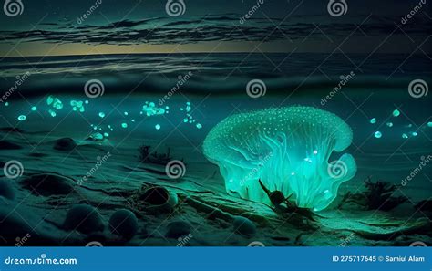 Bio Luminescent Ocean And Bioluminescent Plankton Under Sea Royalty