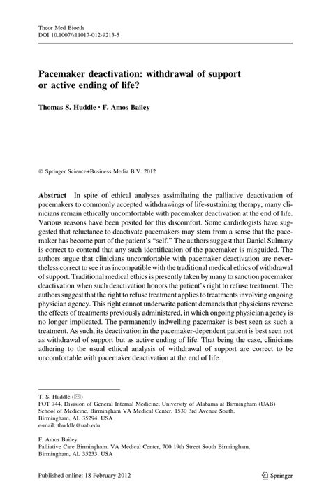 Pdf Pacemaker Deactivation Withdrawal Of Support Or Active Ending Of
