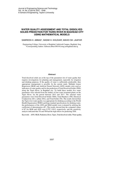 Pdf Water Quality Assessment And Total Dissolved Solids Prediction For Tigris River In Baghdad