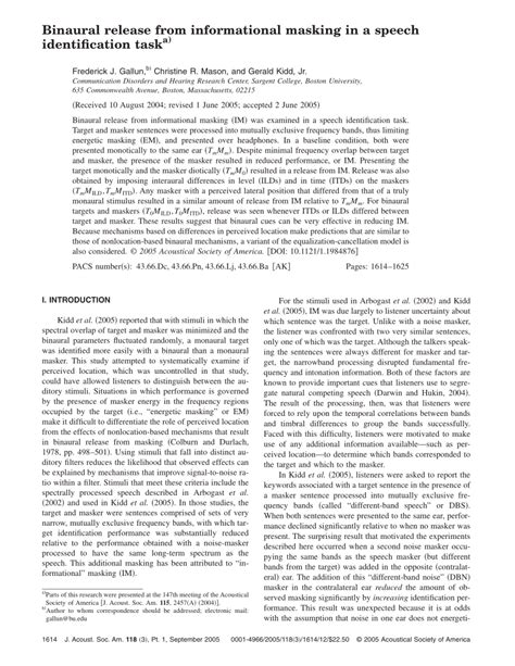 Pdf Binaural Release From Informational Masking In A Speech Identification Task