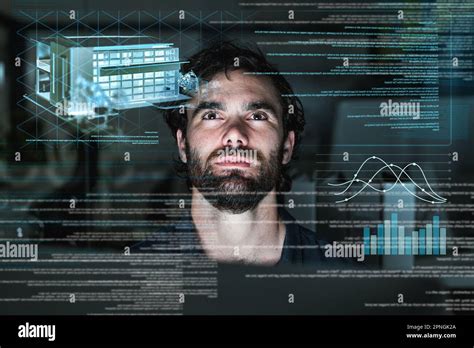 architecture hologram and business man with data analytics focus and