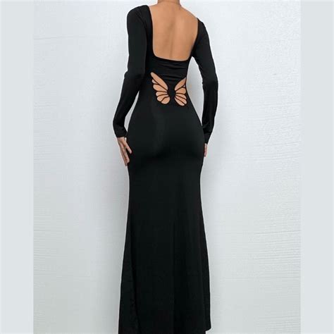Long Sleeve U Neck Butterfly Pattern Maxi Dress Halibuy
