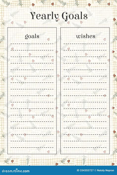 Yearly Goals School Paper Sheet Printable Floral Design Page A4 Stock
