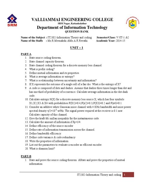 It2302 Information Theory And Coding Pdf Data Compression Code