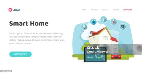 스마트 홈 또는 하우스 제어 기술 또는 자동화 무선 보안 배너 또는 웹 사이트 템플릿 디자인 벡터 평면 만화 현대 유행 웹 사이트 방문 페이지 또는 전단지 현대 유행 모형