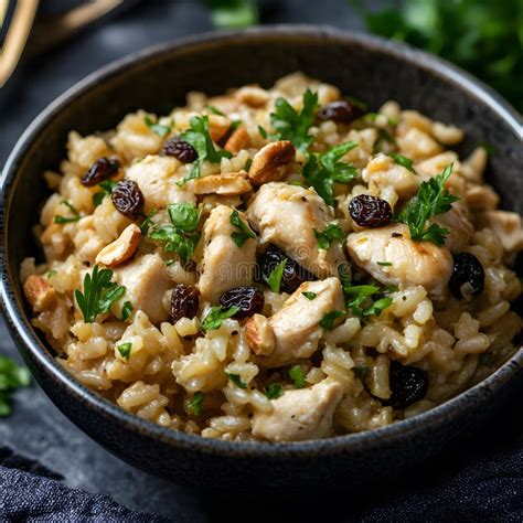 Chicken And Rice Dish With Raisins Nuts And Parsley Stock Illustration
