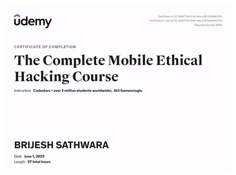 Brijesh Sathwara On Linkedin Certificate Of Completion The Complete Mobile Ethical Hacking