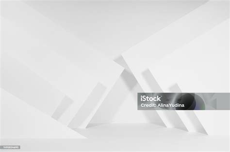 현대적인 기하학적 도시의 단순한 스타일의 흰색 추상적인 인테리어는 부드러운 빛 줄무늬와 그림자가 있는 단단한 빛의 각도