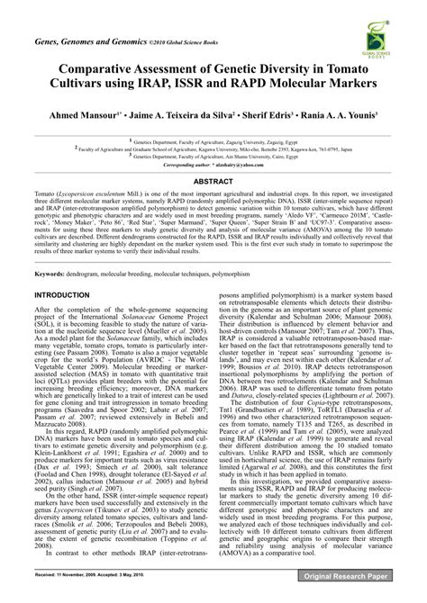 Pdf Comparative Assessment Of Genetic Diversity In Some Tomato