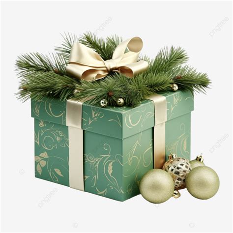 Gift Box With Christmas Tree Toys Green Fir Spruce Branches Present PNG Transparent Image And