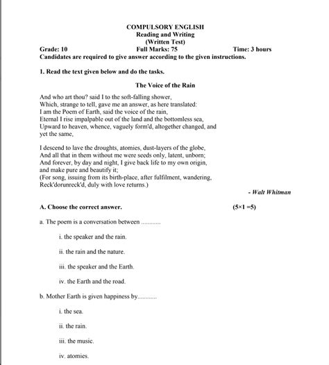 Class 10 English Model Question 2080 With Complete Solution