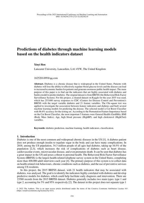 PDF Predictions Of Diabetes Through Machine Learning Models Based On The Health Indicators Dataset
