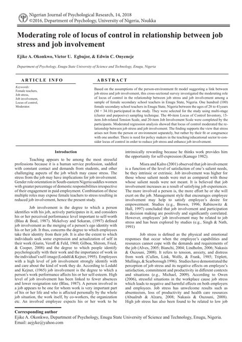 Pdf Moderating Role Of Locus Of Control In Relationship Between Job Stress And Job Involvement