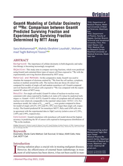 Pdf Geant4 Modeling Of Cellular Dosimetry Of 188re Comparison Between Geant4 Predicted