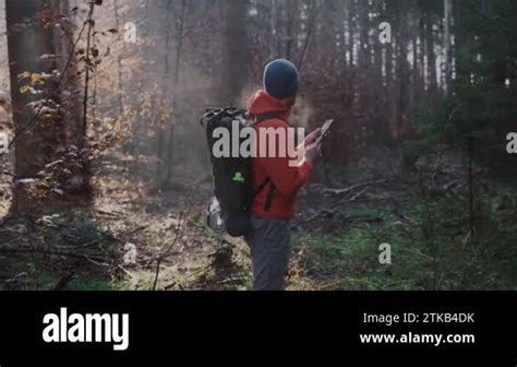 Maps Outdoors While Hiking Hiker Use Smartphone To Navigation In