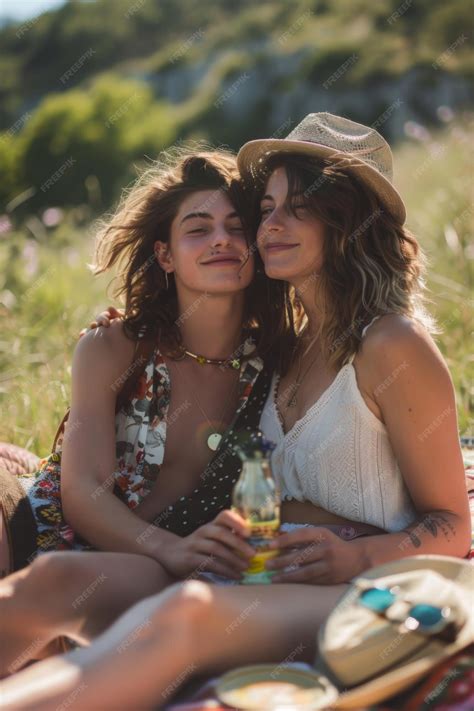 A Lesbian Couple Enjoying A Picnic In Nature On A Sunny Day Premium