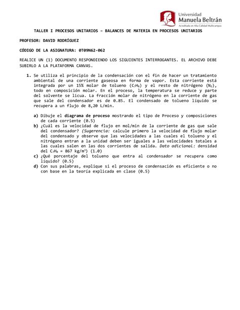 Taller Procesos Unitarios Ejercicios De Química Docsity