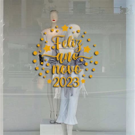Adesivo Vitrine Feliz Ano Novo Bolinhas Estrelas Dourado Elo7