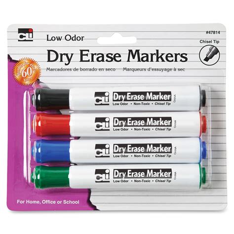 CLI Chisel Tip Dry Erase Markers Chisel Marker Point Style Black Blue Red Green 4
