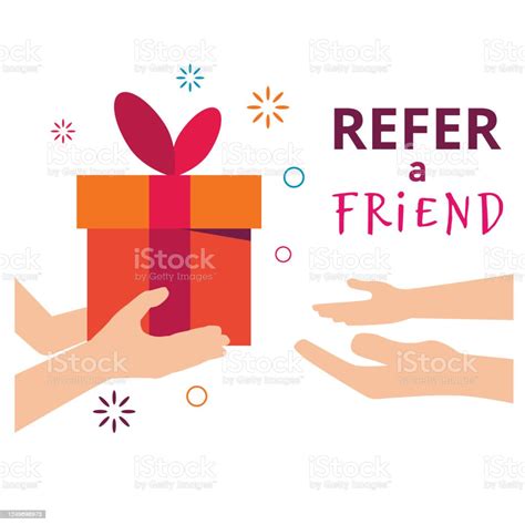 친구를 참조하십시오 추천 마케팅 개념 두 사람의 손과 선물 상자의 그림 벡터 플랫 일러스트레이션 개념에 대한 스톡 벡터 아트 및 기타 이미지 Istock