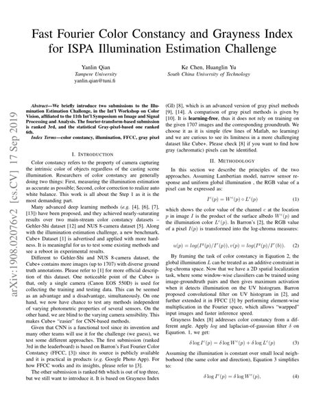 Pdf Fast Fourier Color Constancy And Grayness Index For Ispa Illumination Estimation Challenge