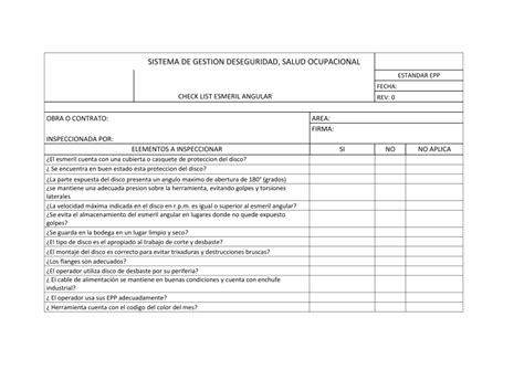 Checklist Esmeril Angular Seguridad Y Salud Ocupacional