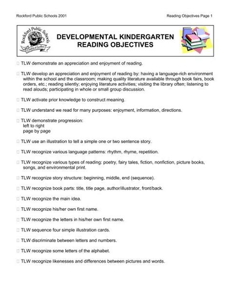 Developmental Kindergarten Reading Objectives Rockford Public