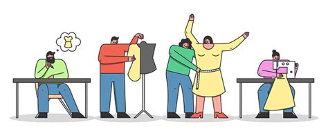 의류 디자인의 개념 캐릭터는 수제 패션 아틀리에에서 작동합니다 디자이너는 재봉틀에 의류 측정 크기 바느질 순서의 디자인을 합니다