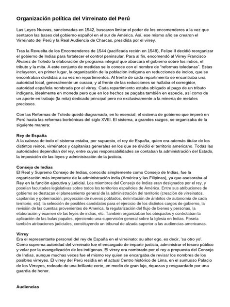 Organización Política Del Virreinato Del Perú Pdf Nueva España