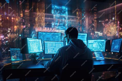Premium Ai Image Back View Of Hacker In Hoodie Using Computer At