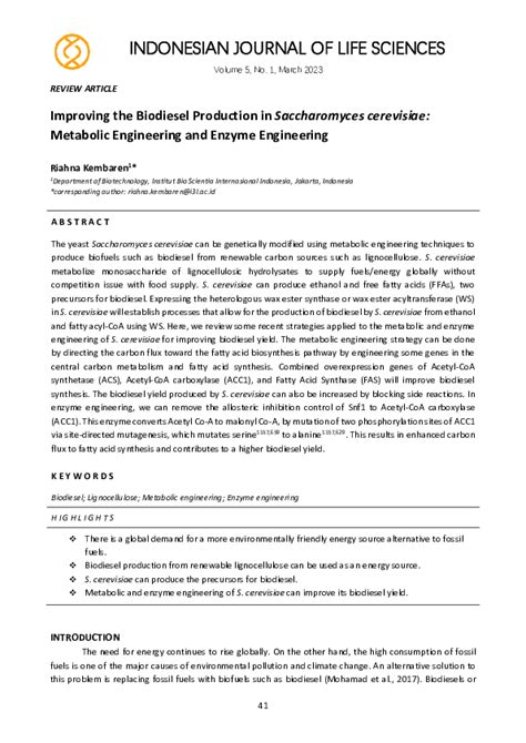 Pdf Improving The Biodiesel Production In Saccharomyces Cerevisiae