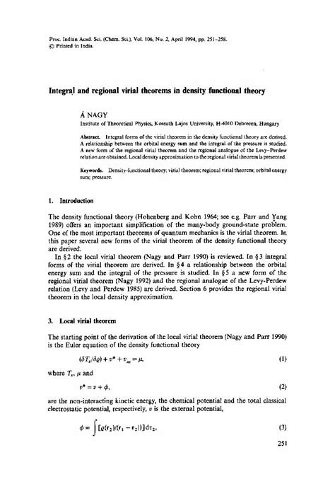 Pdf Integral And Regional Virial Theorems In Density Functional
