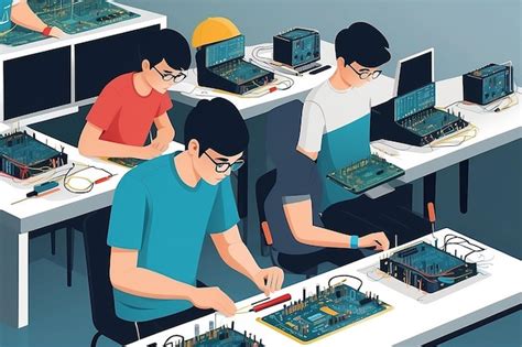 Premium Photo Students Assembling Electronic Circuits Vector Flat Style Illustration