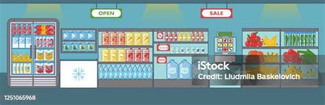 슈퍼마켓 과일 채소 음료 소시지 및 기타 제품 음식 물건선반과 냉장고 만화 스타일의 벡터 일러스트레이션 통로에 대한 스톡 벡터 아트 및 기타 이미지 Istock